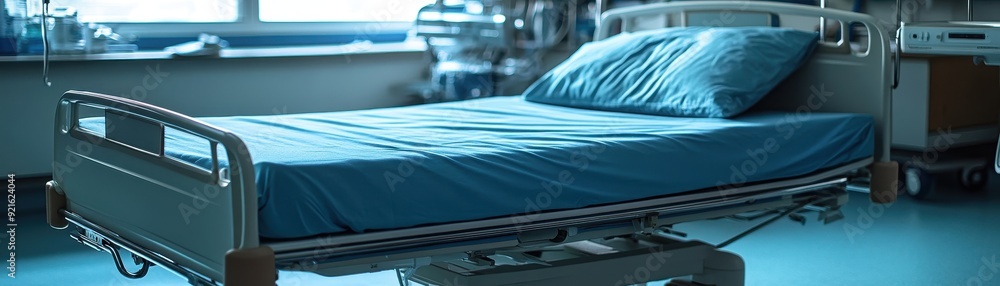 An empty hospital bed with blue sheets in a dimly lit patient room ...