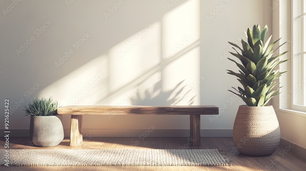 Create a Serene Atmosphere: Modern Minimalist Room with Sunlit Wooden Flooring, Simple Bench ...