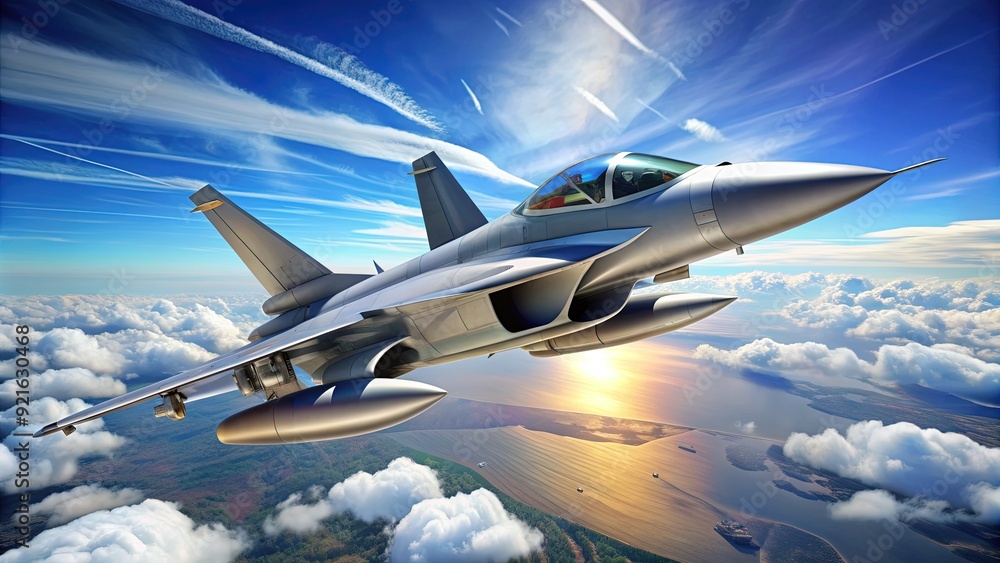 A sleek, silver military fighter jet with open wings, missiles, and ...