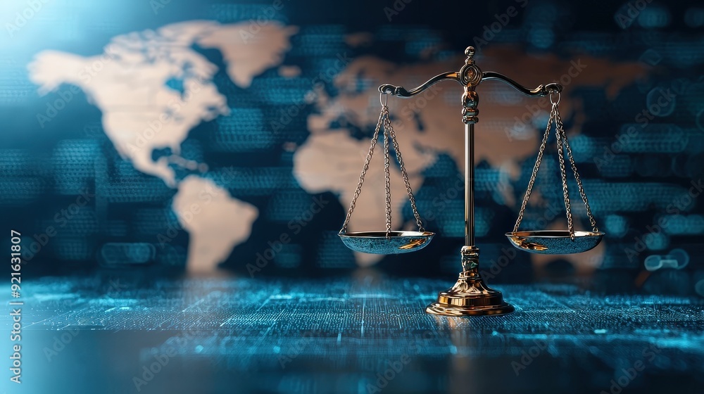 Scales of justice hovering over a map of the world representing the ICJ ...