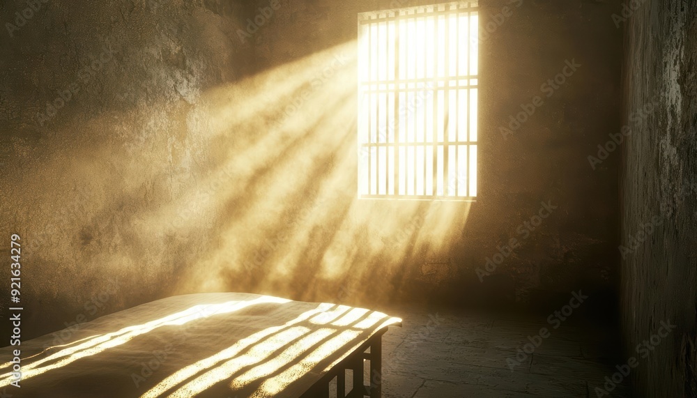 Sunlight streams through bars of a prison cell window, illuminating a bed and the dusty walls ...