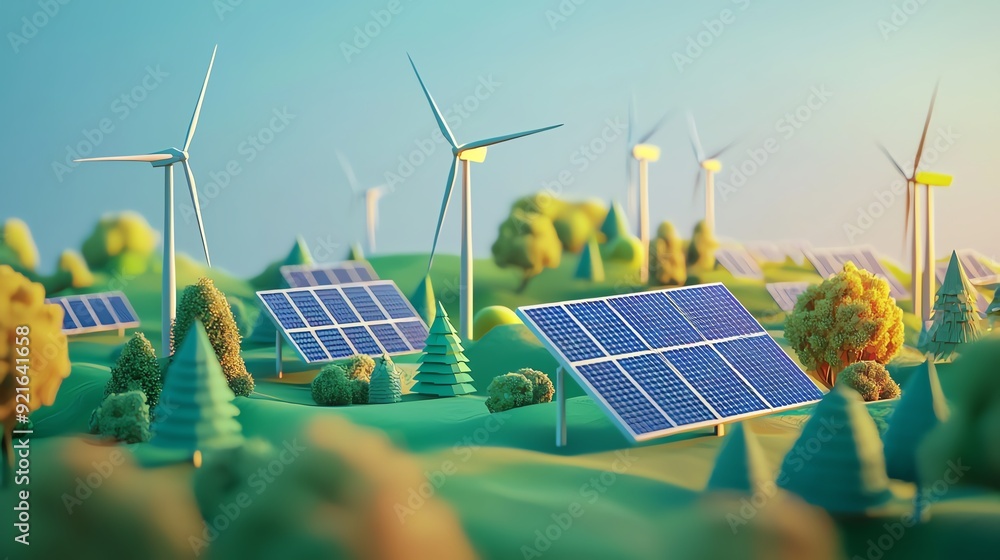 A poster on renewable energy, with vibrant illustrations of solar ...