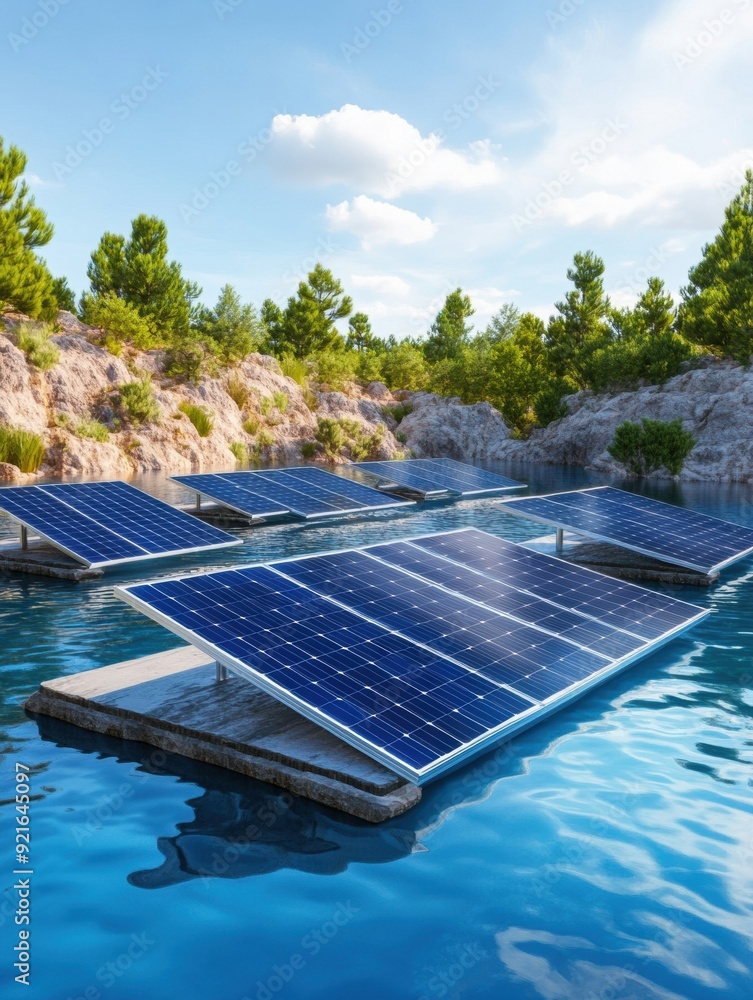 Floating solar panels are positioned on a rehabilitated quarry lake ...