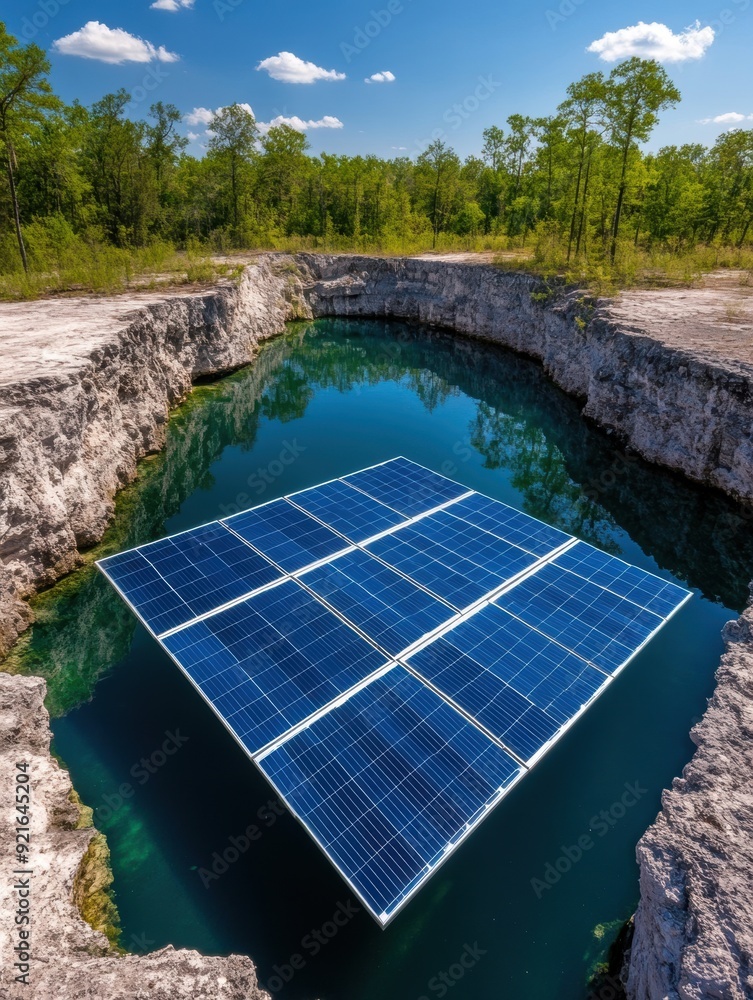 Floating solar panels are positioned on a rehabilitated quarry lake ...