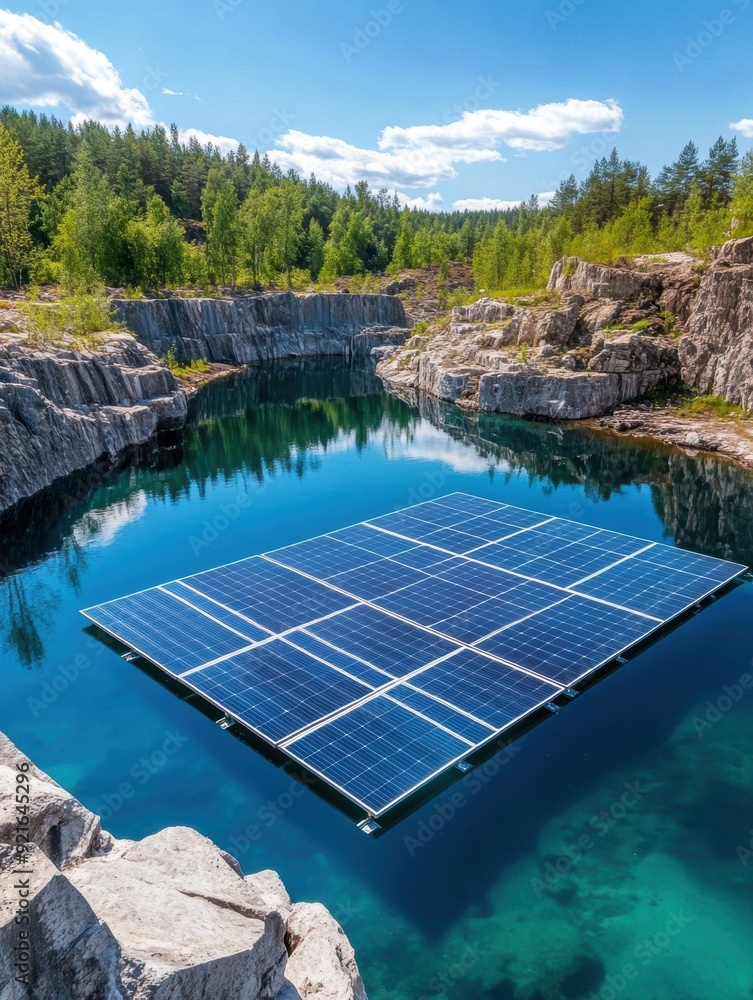 Floating solar panels are positioned on a rehabilitated quarry lake ...