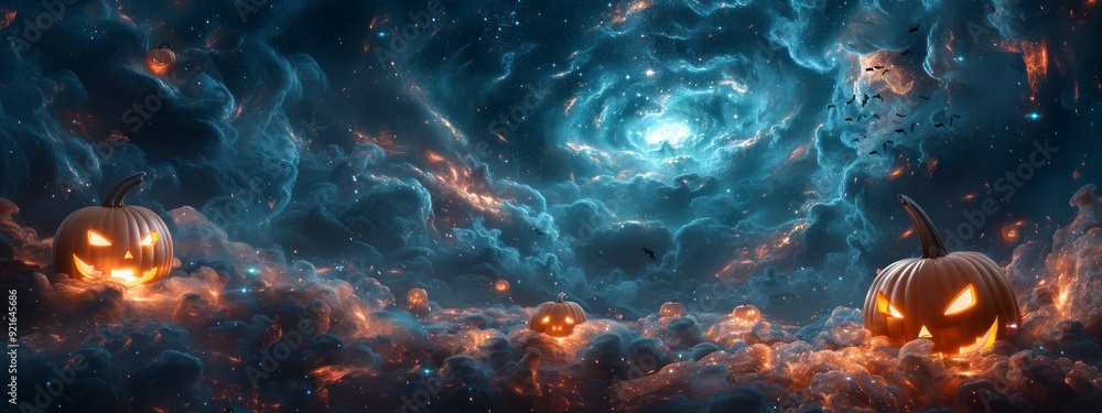 Spooky night sky with glowing jack-o'-lanterns and swirling clouds ...