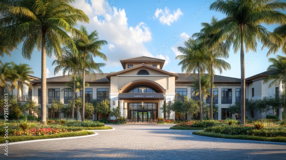 Luxury resort hotel entrance with palm trees and landscaping under a ...