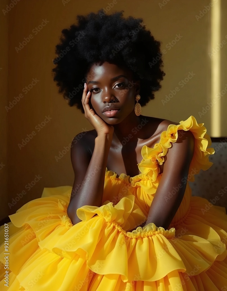 Fashion photography of black female model with deep ebony skin wearing ...