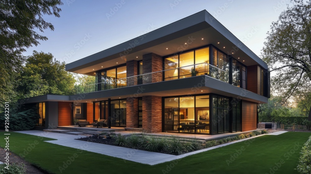 Modern two story house with a garden and large windows exterior view ...