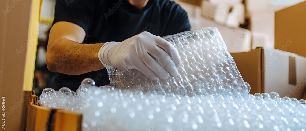 Worker using bubble wrap and packing peanuts to protect and cushion ...
