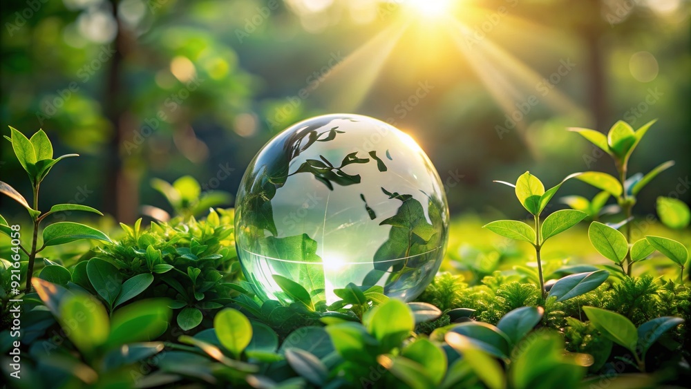 Illuminated glass globe surrounded by green leaves and solar panels ...