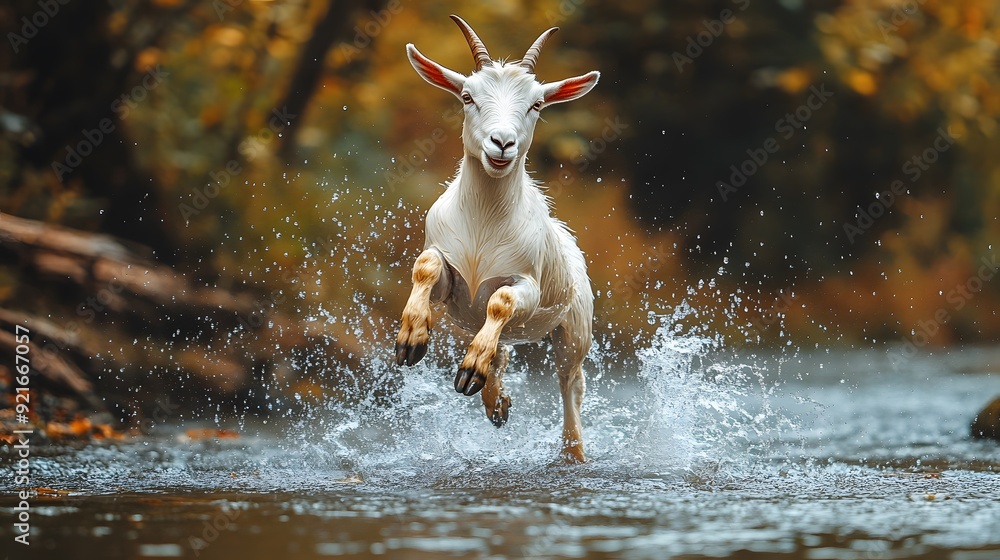 playful goat jumping into a shallow river, causing a burst of water ...