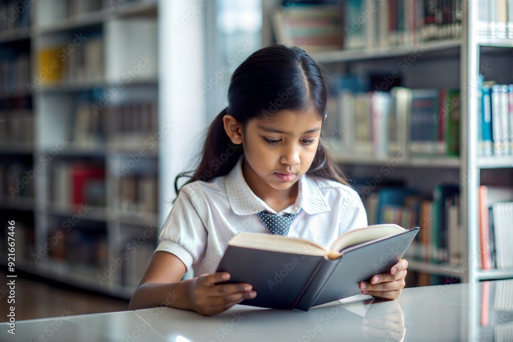"Indian Girl in School Library Reading a Book" - An Indian girl in a ...