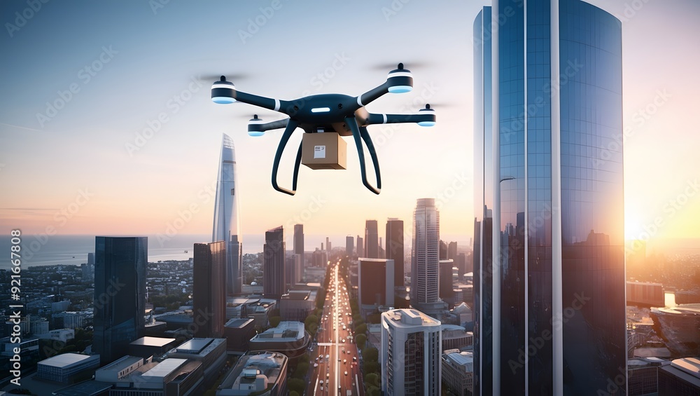 Cutting-edge electric delivery drones carrying small packages symbolize ...
