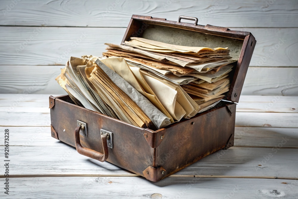 Worn, mysterious box overflowing with vintage file folders containing ...