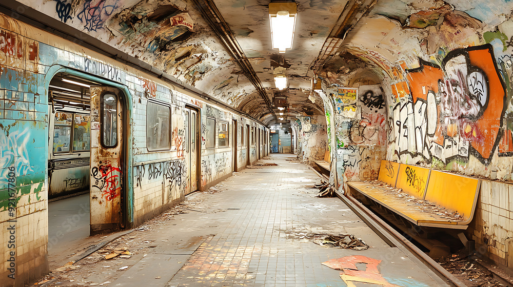 An eerie, abandoned subway station with flickering lights and graffiti ...