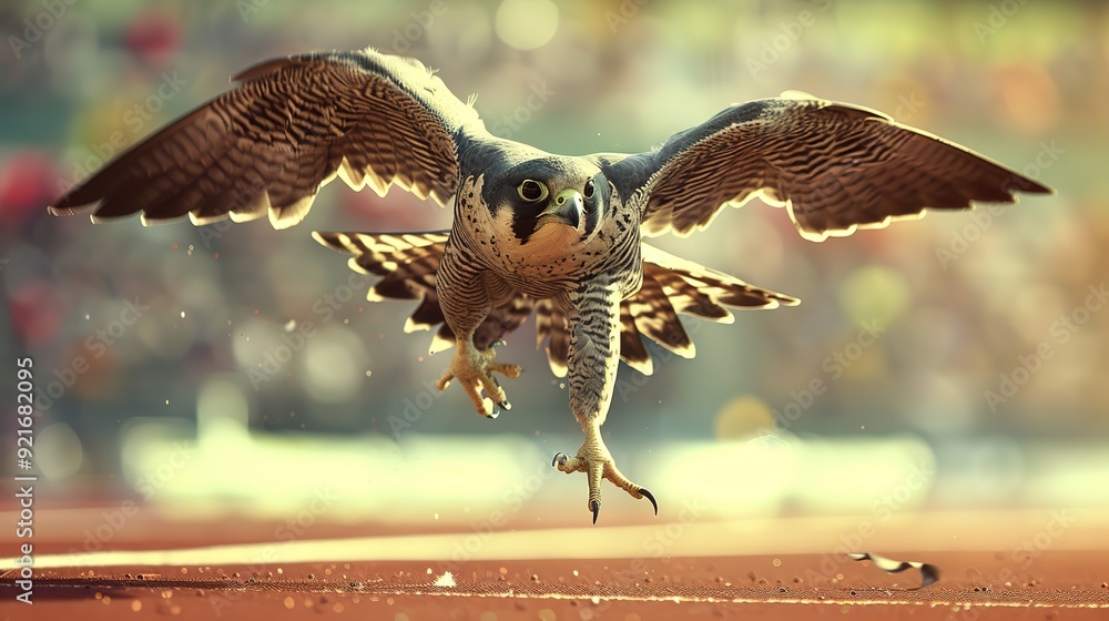 upside down a peregrine falcon falling into a big poofy mat at a track and field event at the ...