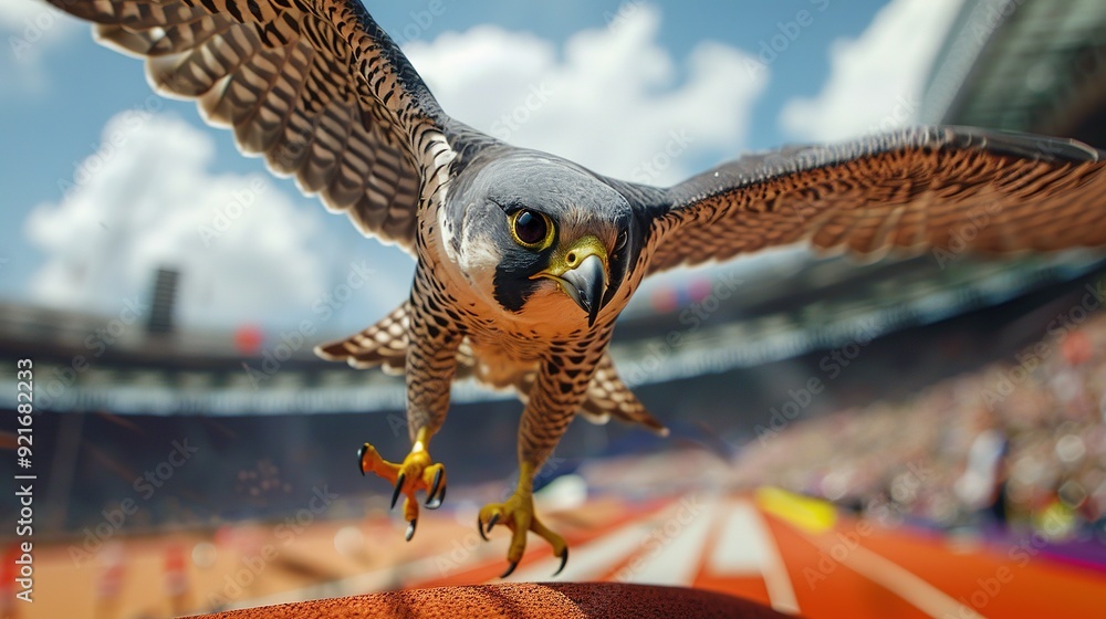 upside down a peregrine falcon falling into a big poofy mat at a track ...