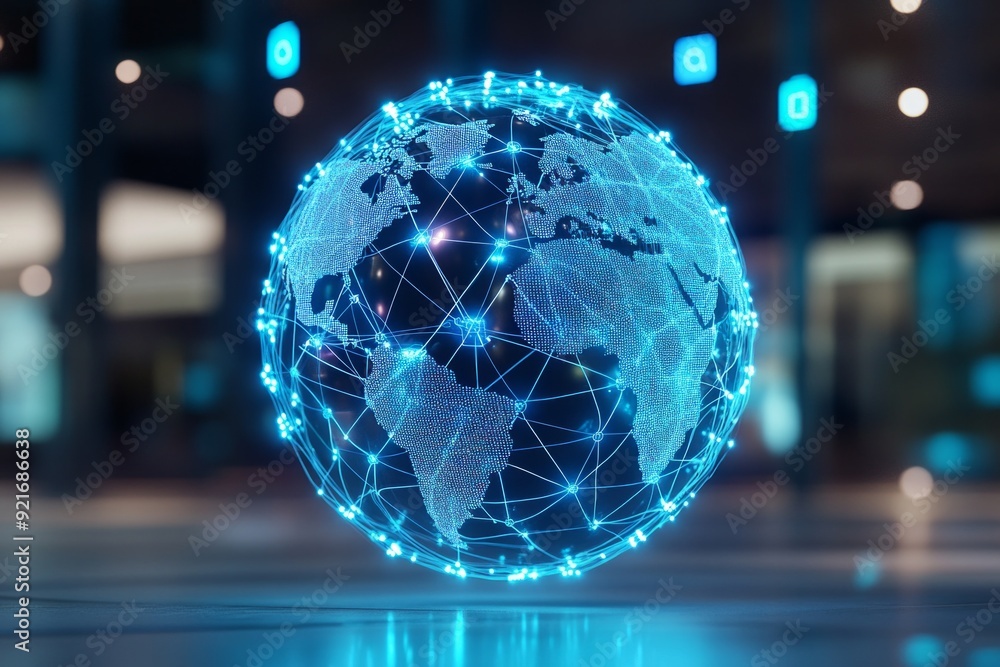 Photorealistic digital illustration of a glowing 3D globe with ...