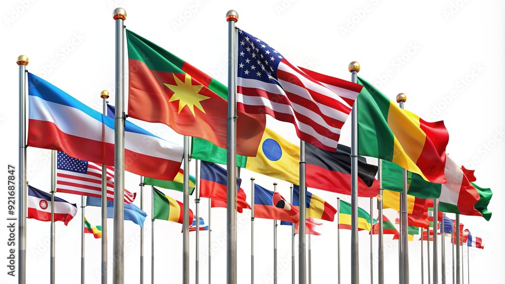 Vibrant colored flags of different countries aligned side by side ...