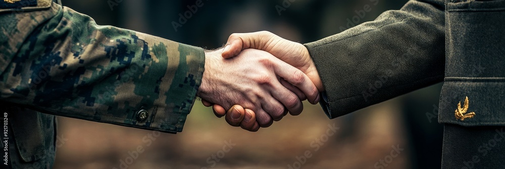 Two soldiers in military uniform shake hands, symbolizing trust ...