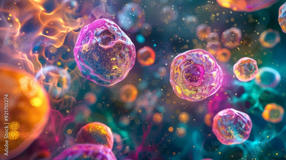 Microscopic view of a healthy human cell in bright colors ...