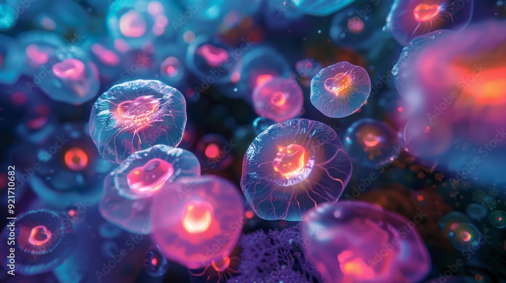 Microscopic view of a healthy human cell in bright colors ...