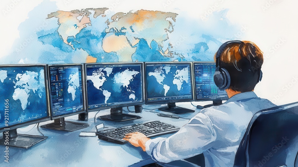Watercolor illustration of a logistics control center, operators ...