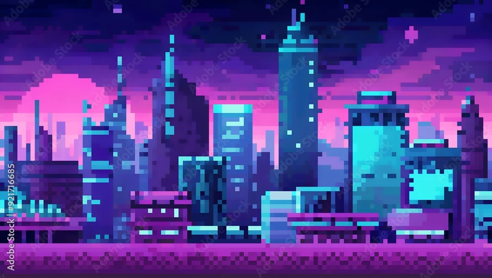 Neon cyberpunk cityscape at night pixel art background. 8-bit game ...