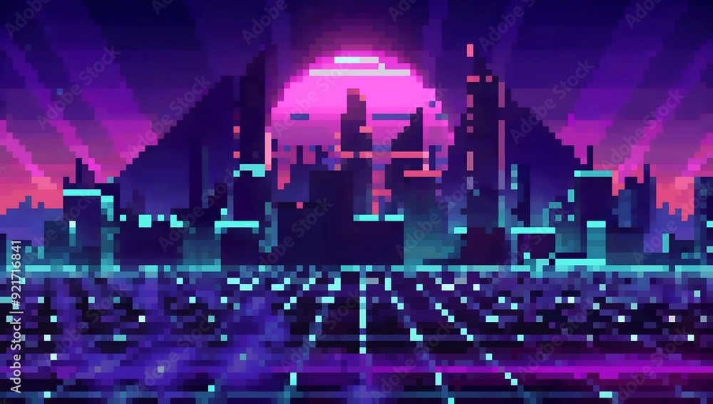 Neon cyberpunk cityscape at night pixel art background. 8-bit game ...
