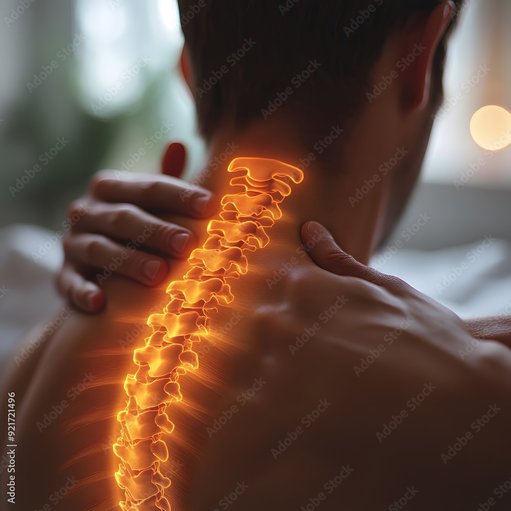 Upper Back Pain: A person reaching back to touch their upper spine ...