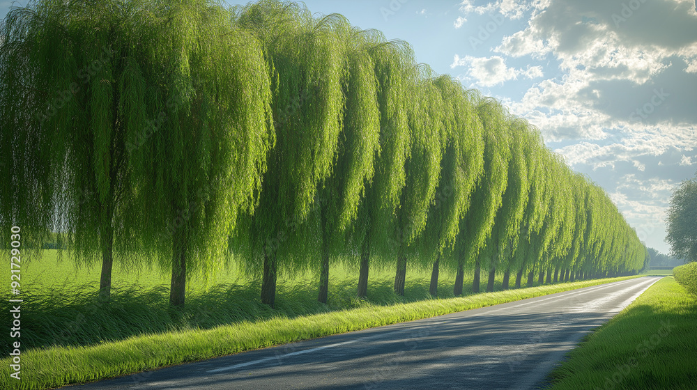 A row of tall willow hedges lining a country road, the hedge's height ...