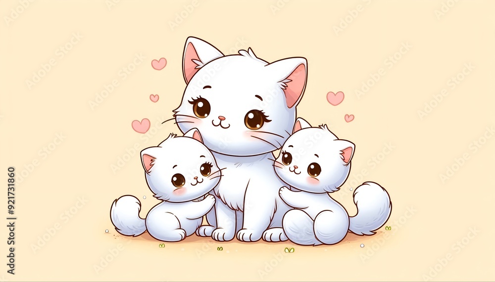 Cartoon image of a cute white mother cat and her kittens Stock ...