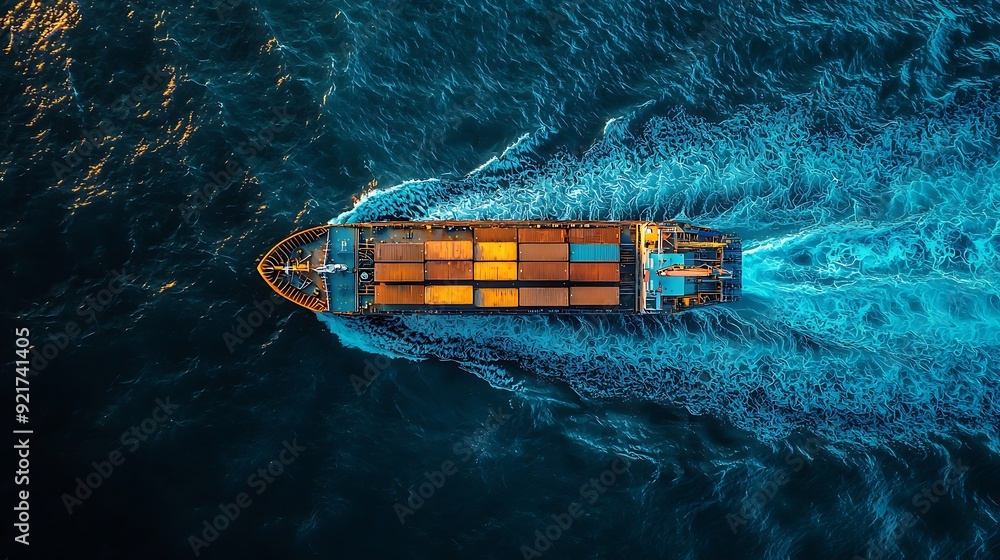 An aerial view of a cargo ship sailing through the ocean with a large ...