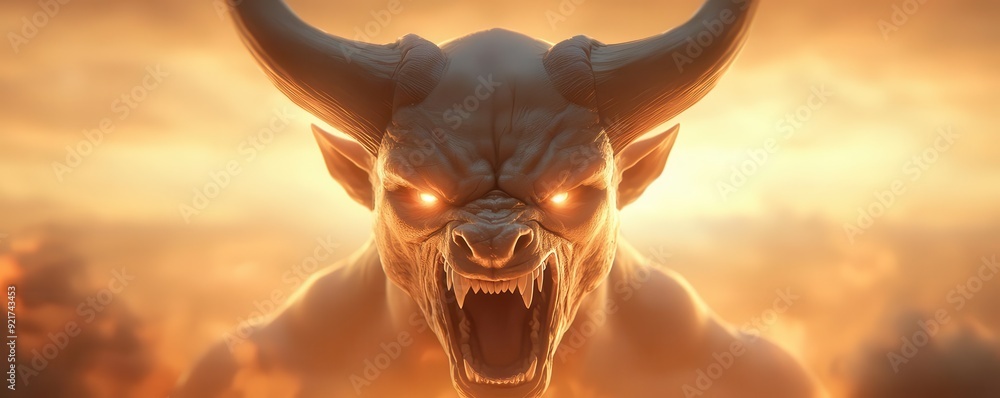 Fantasy character snarling, eyes glowing with anger, horns flaring ...