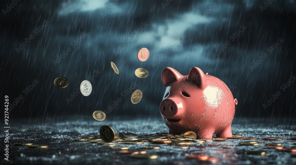 Piggy bank in the shape of a broken piggy bank, looking sad with dollar ...