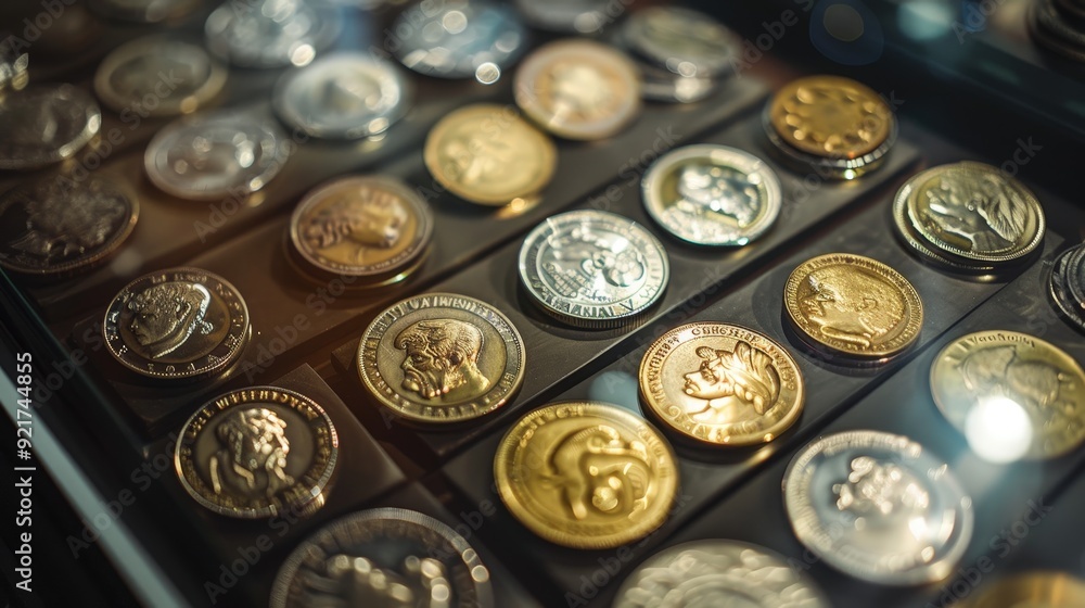 A collection of rare and valuable coins displayed in a well-lit ...