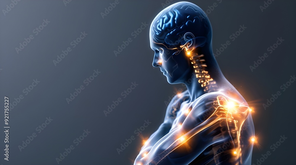 A blue digital human body with a hand and arm, and bright orange ...
