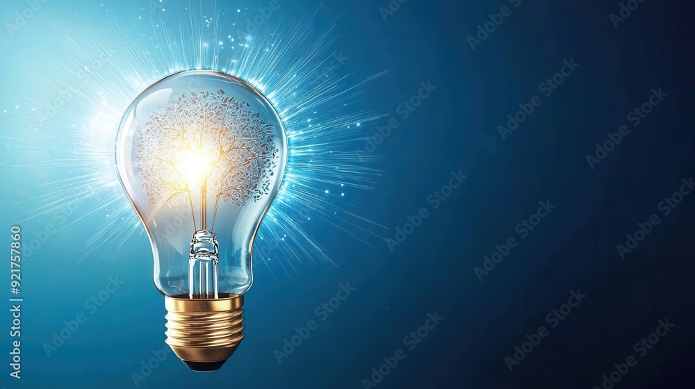 An open light bulb with rays of light forming a tree of knowledge, with ...