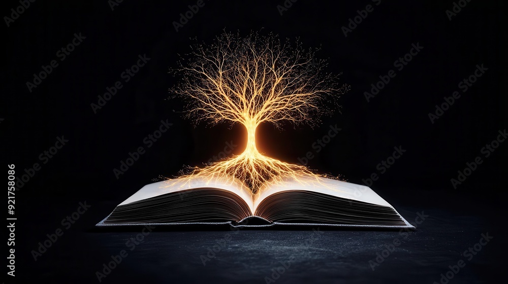 Open book with pages forming a luminous tree of knowledge, roots and ...