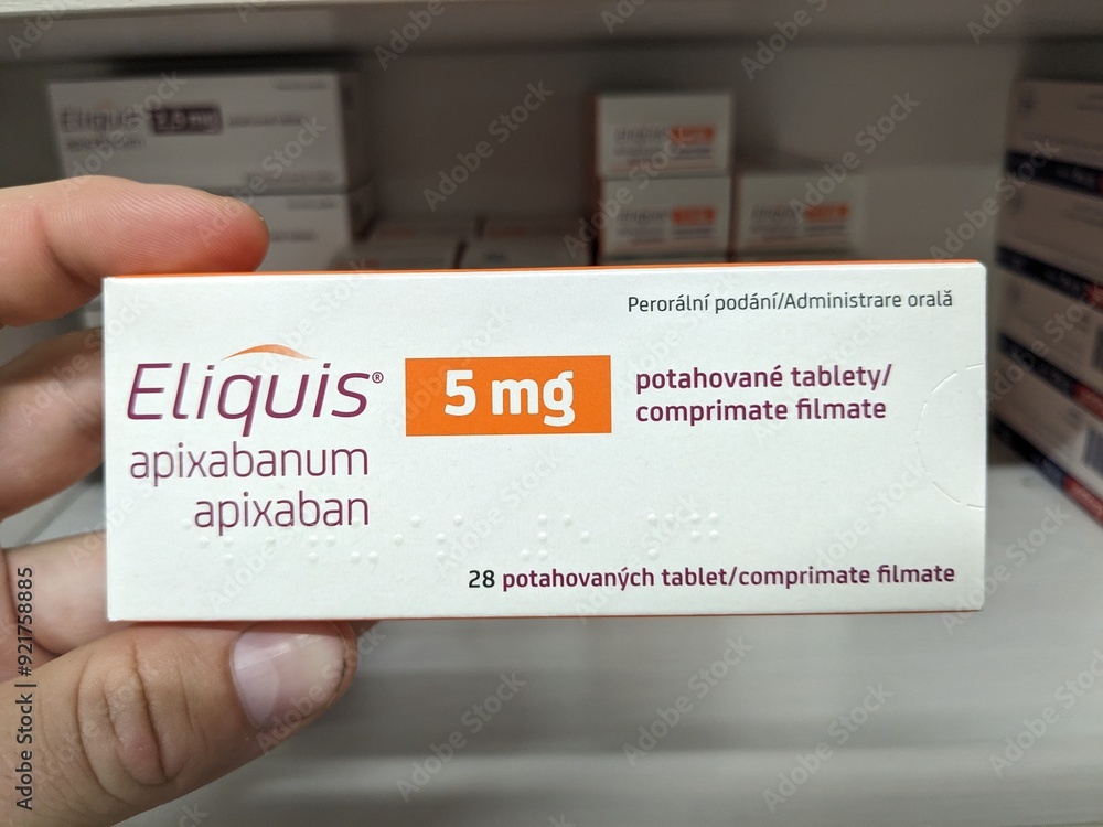 Prague,Czech Republic-August 14 2024: ELIQUIS box of tablets with ...