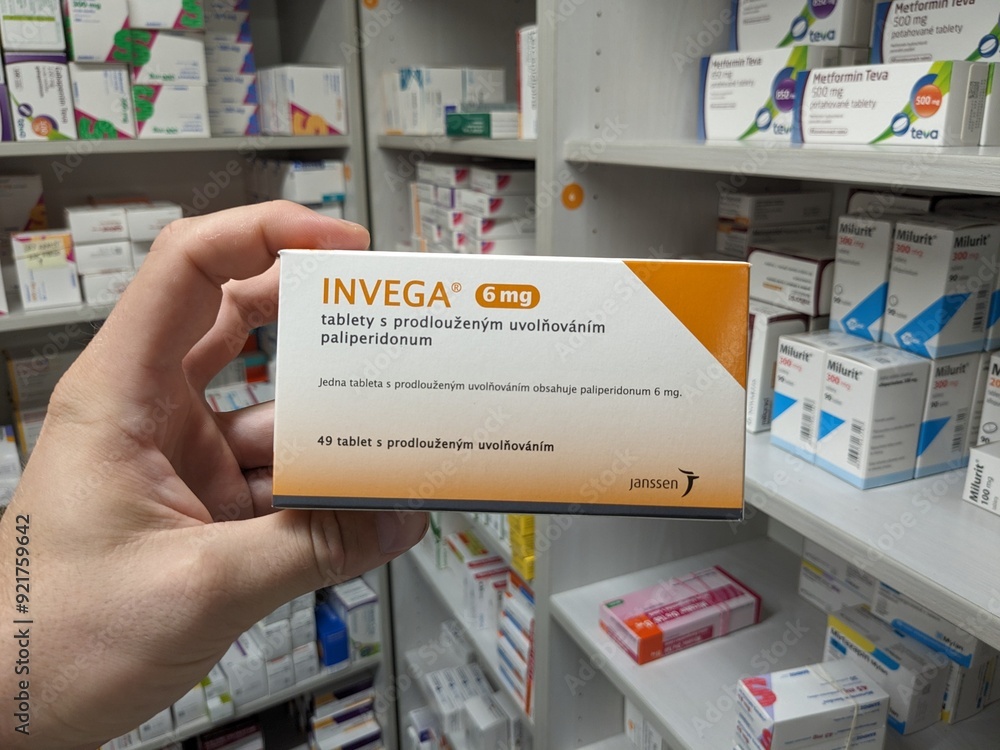 Prague, Czech Republic-August 14 2024: INVEGA box of tablets with ...