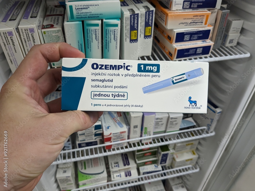 Prague,Czech Republic-August 14 2024: OZEMPIC box of medication with SEMAGLUTIDE active ...