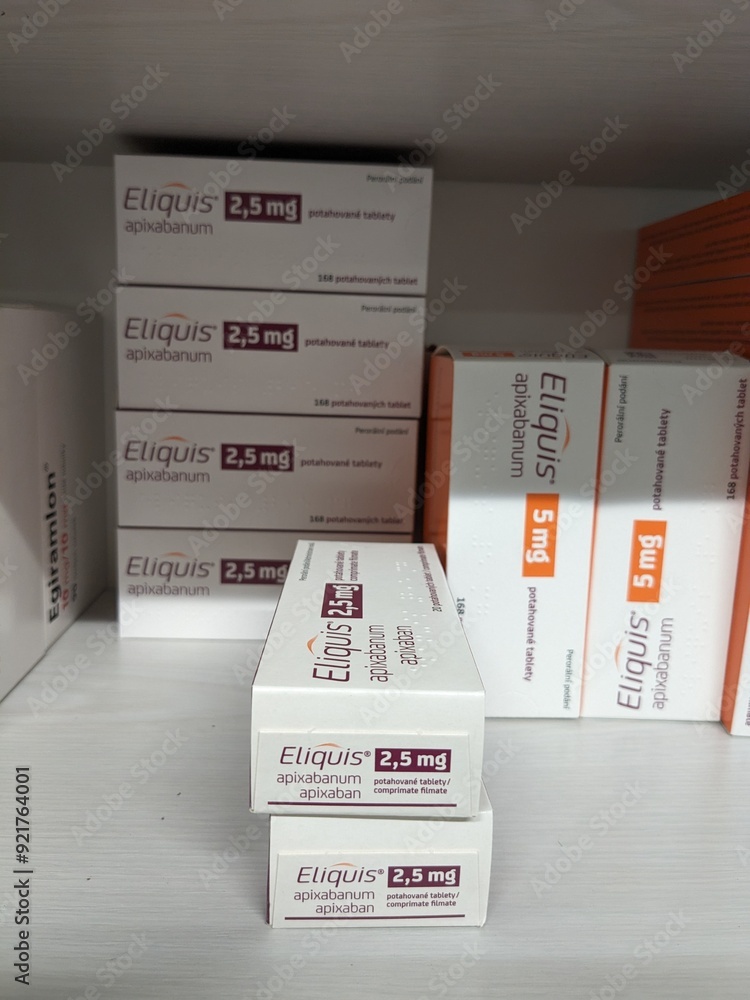 Prague,Czech Republic-August 14 2024: ELIQUIS box of tablets with ... Prague,Czech Republic-August 14 2024: ELIQUIS box of tablets with ...
