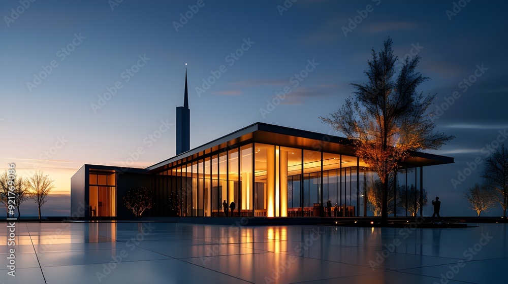A modern church with large glass windows and clean lines in the ...