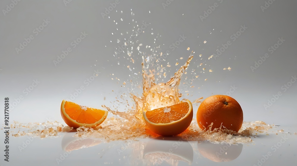 Shattering orange color on solid white background, burst of liquid ...
