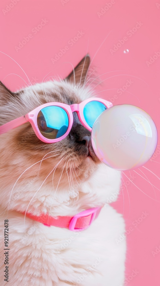 Pink sunglasses-wearing cat blowing bubble, candy-colored Siamese ...