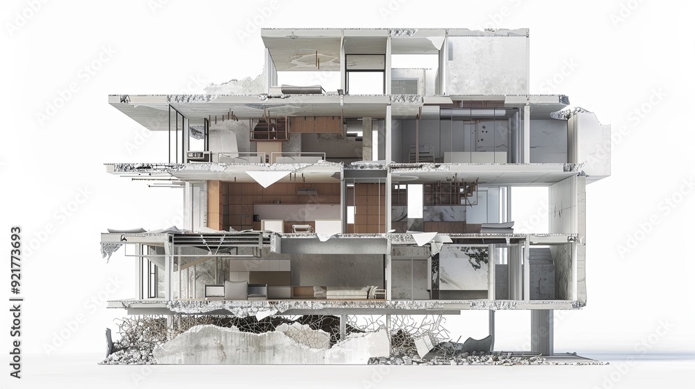 Artistic representation of a modern apartment building partially ...