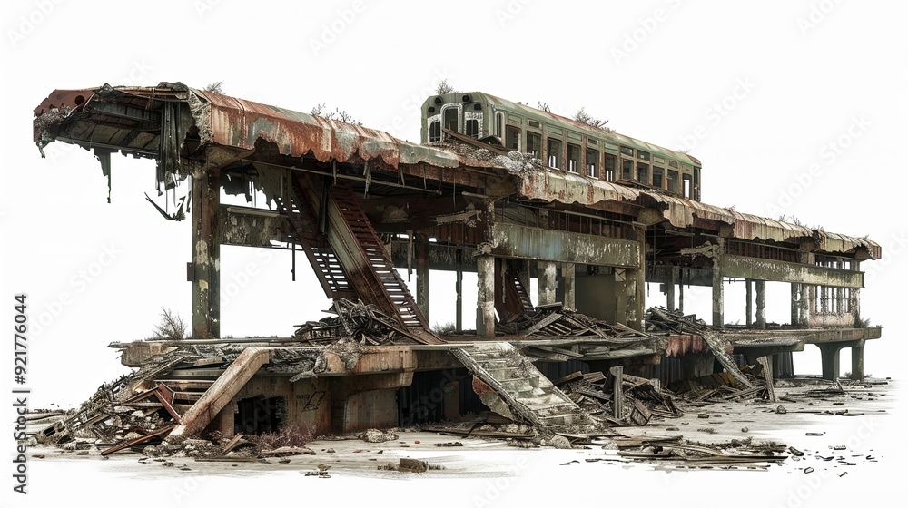 Depiction of a dilapidated train station, with collapsed platforms and ...