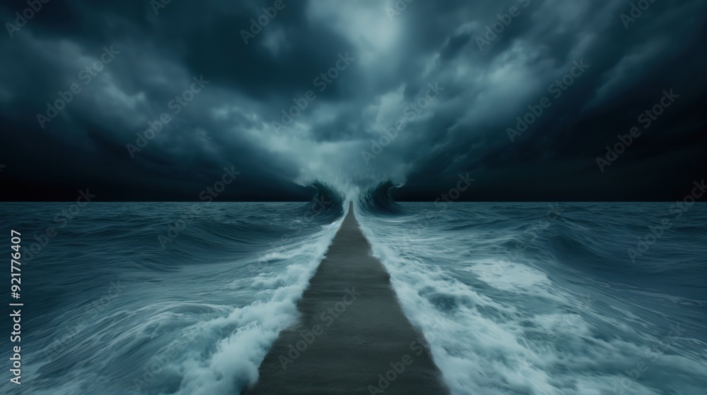 Sea separate up to form canal. Bible miracle of Moses parting red sea ...